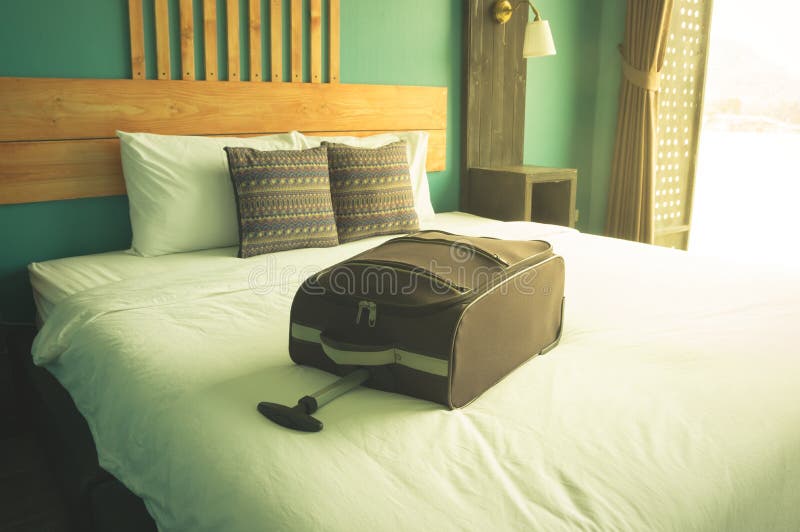 Suitcase on Bed in Hotel Room Stock Image - Image of home, holiday ...