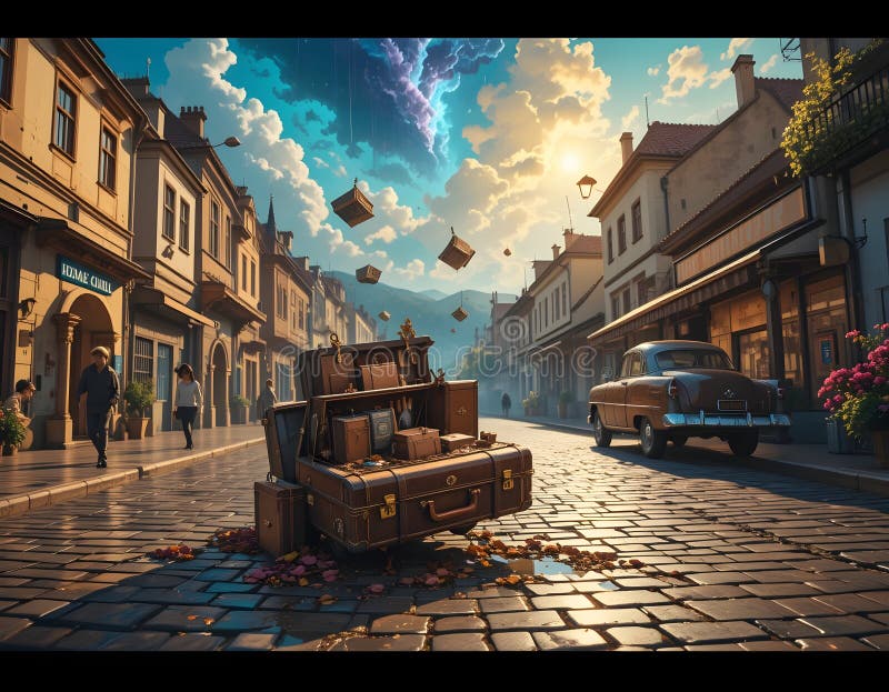 Suitcase Bursting Open with Boxes on Cobblestone Street in Town Stock ...