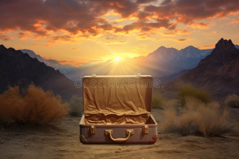Suitcase Caught in a Beam of Sunrise or Sunset Light with Mountains ...