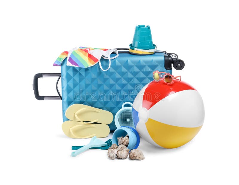 Suitcase and Different Beach Accessories Isolated on White. Summer Vacation Stock Image - Image ...