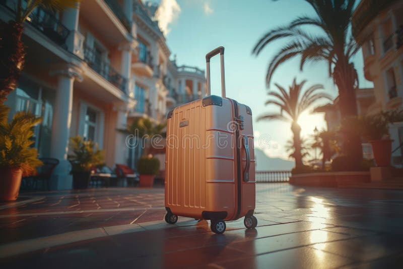 Suitcase on the Floor in a Luxurious Hotel Lobby with Palm Trees. Stock ...