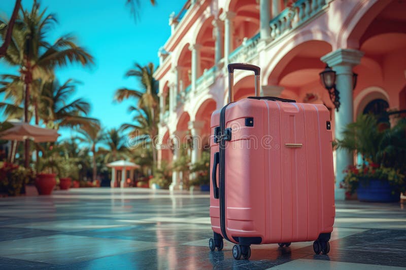 Suitcase on the Floor in a Luxurious Hotel Lobby with Palm Trees. Stock ...