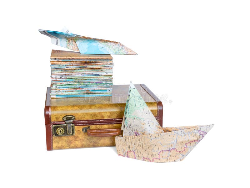 Suitcase and Maps on White Background Stock Photo - Image of genuine ...