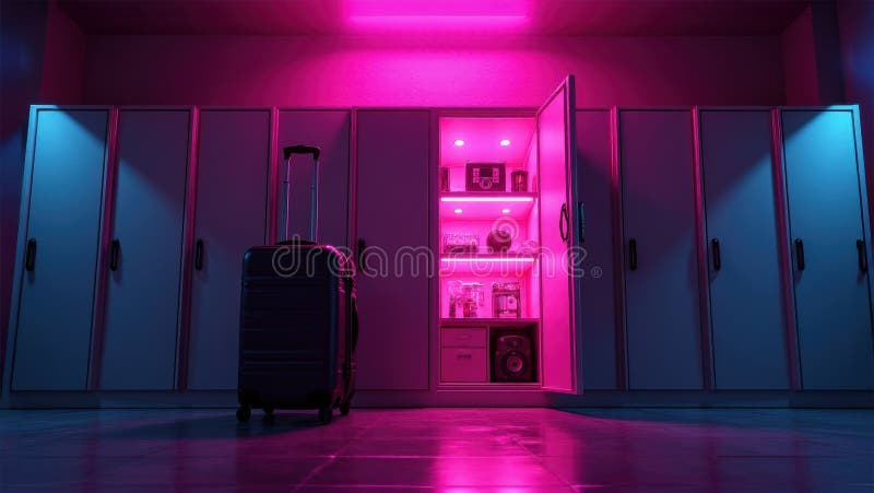 Suitcase in Neon Lit Locker Room Stock Illustration - Illustration of ...