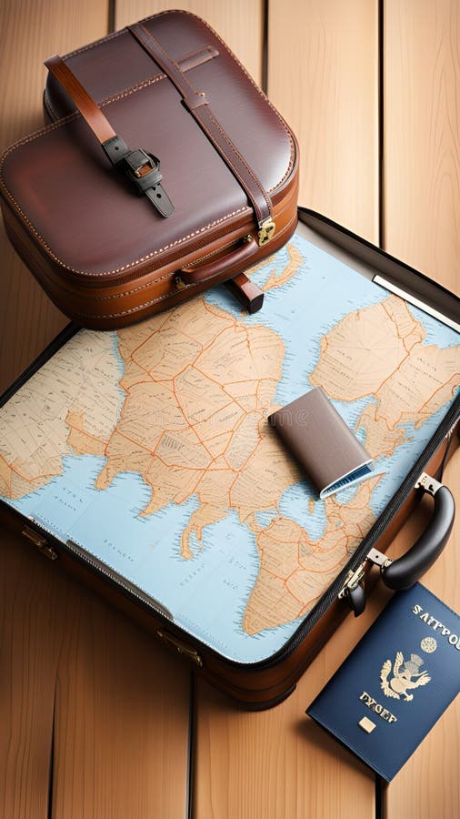 Suitcase, Passport and Map on a Wooden Table for Travel Concept AI ...