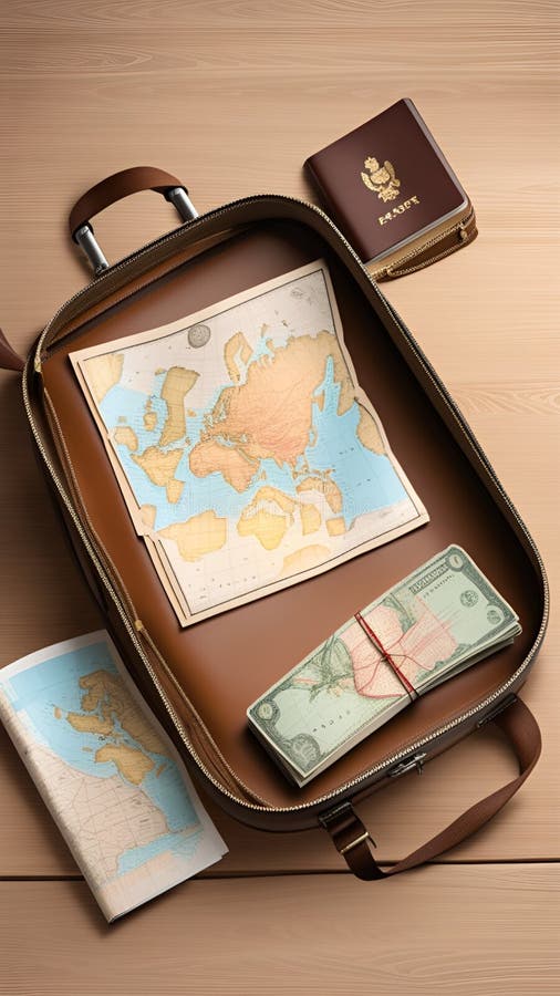 Suitcase, Passport and Map on a Wooden Table for Travel Concept AI ...