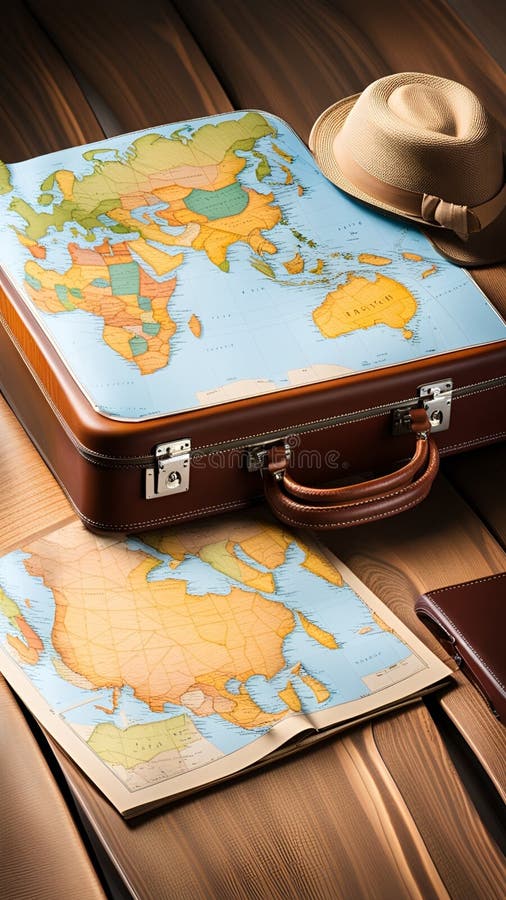 Suitcase, Passport and Map on a Wooden Table for Travel Concept AI ...