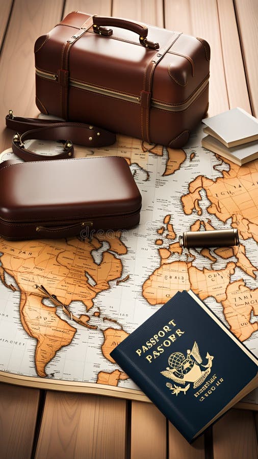 Suitcase, Passport and Map on a Wooden Table for Travel Concept AI ...