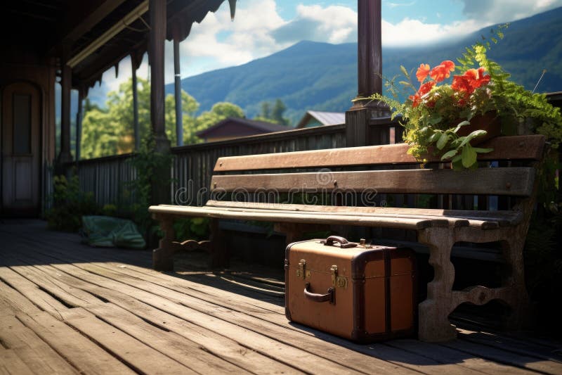 A Suitcase on a Rustic Wooden Bench at a Mountain Train Station Stock Illustration ...