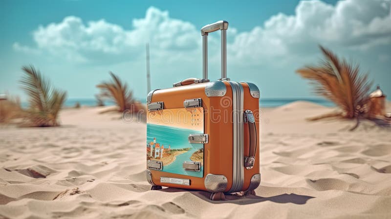 Suitcase in the Sand of the Beach. Vacation Scene with Travel Case on ...