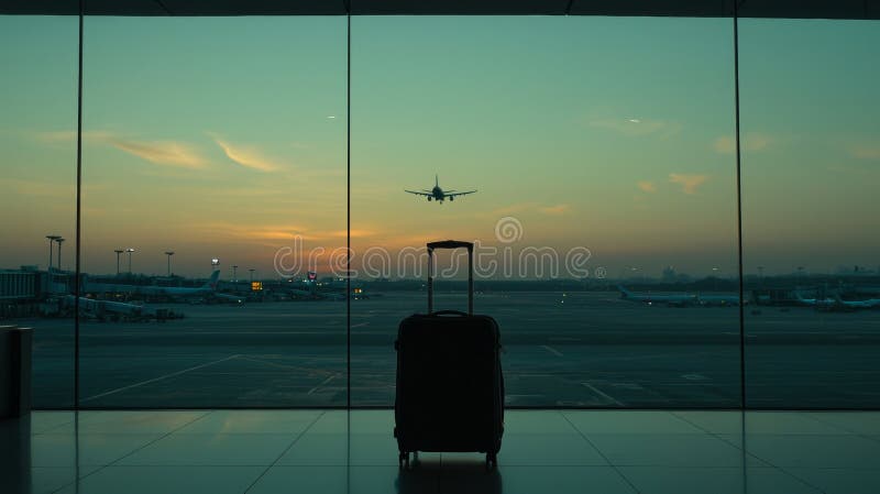 Suitcase Standing Upright in Airport Lounge with Plane Landing at ...