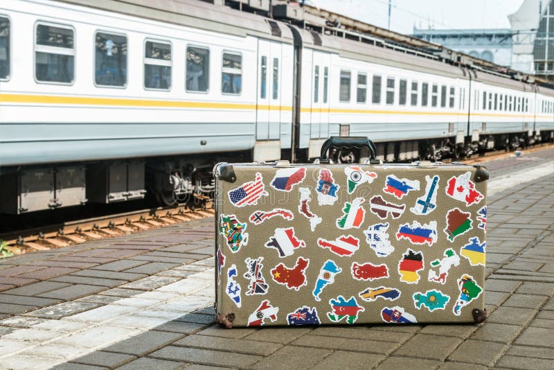 Suitcase with Stickers from Around the World Stands Stock Image - Image ...
