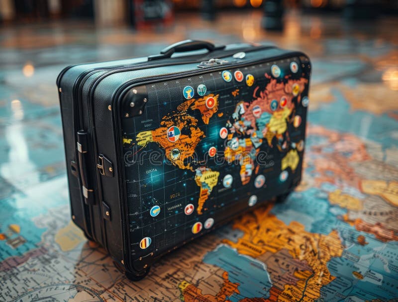 Suitcase with Stickers on the World Map Stock Image - Image of ...