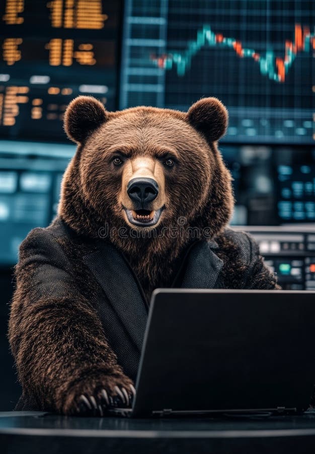 A Suited Bear is Shown Intently Staring at Financial Data on a Computer ...
