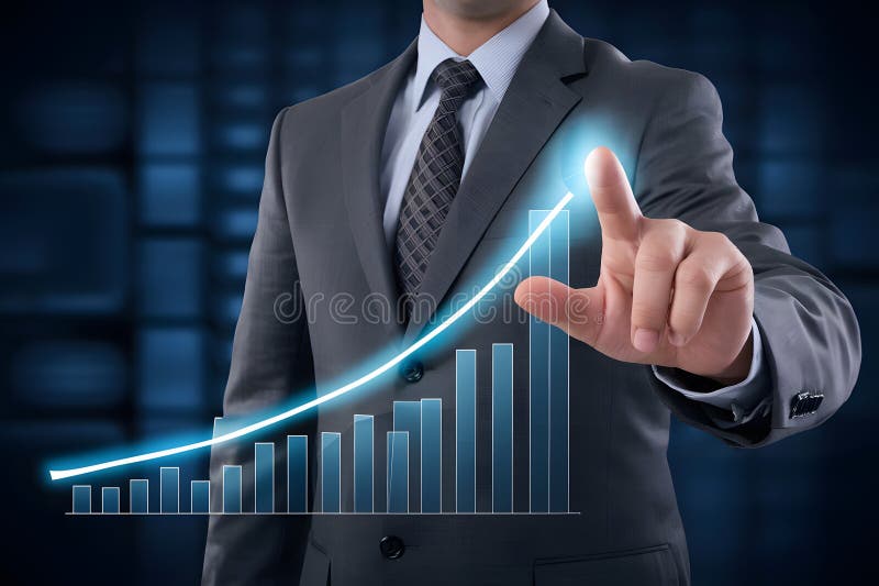 Suited Man Points Confidently To Blue Line on Graph, Symbolizing Growth ...