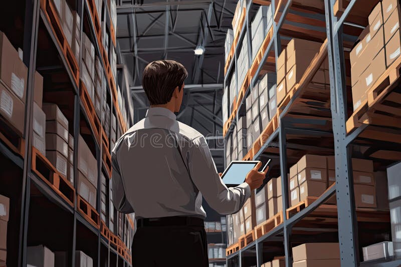 A Suited Professional is Using a Tablet in a Warehouse Stock Image ...