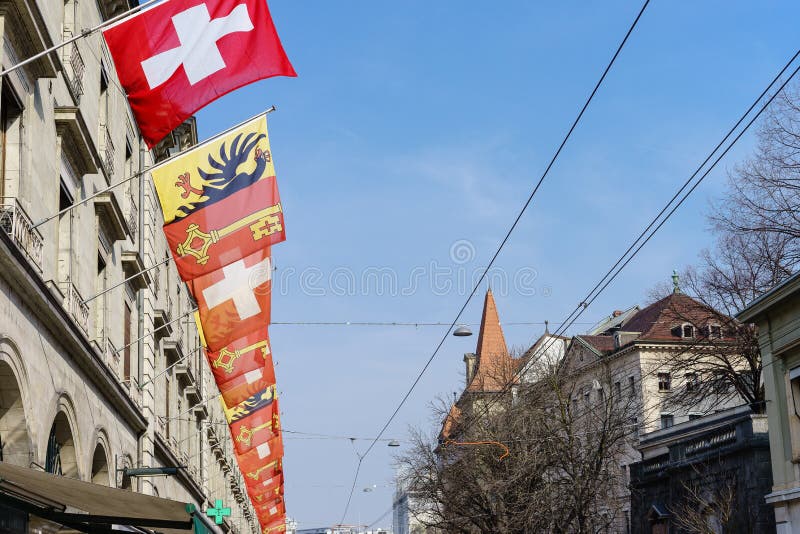 Suizo Y Banderas De Ginebra Foto de archivo - Imagen de indicador ...