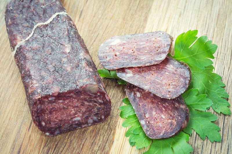 Sujuk And Beef Jerky Hangs On A Counter In The Street Market Stock ...