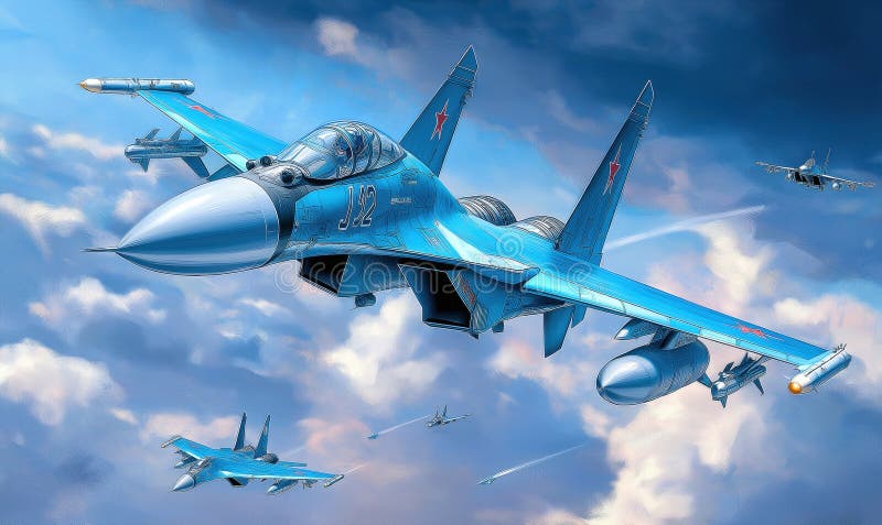 Sukhoi Su-34 Fighter Jets in Dynamic Formation Flying Over Clouds Stock ...