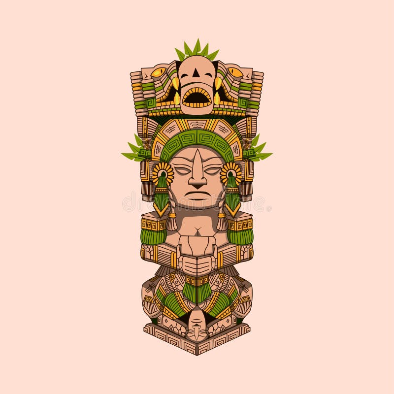 Ancient Mayan Sculpture Vector. Aztec Ornament. Pink, Green and Yellow ...