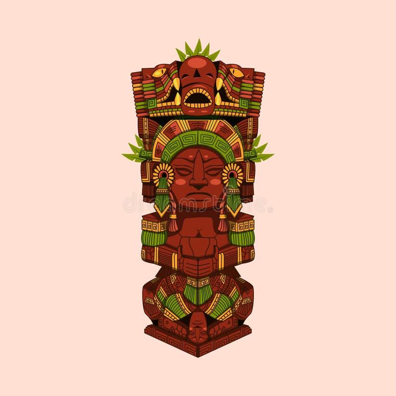 Ancient Mayan Sculpture Vector. Aztec Ornament. Dark Red, Skyblue and ...