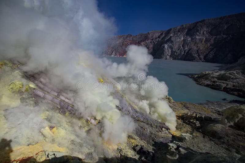 Sulfur Mine Inside Crater of Ijen Volcano, Stock Image - Image of miner ...
