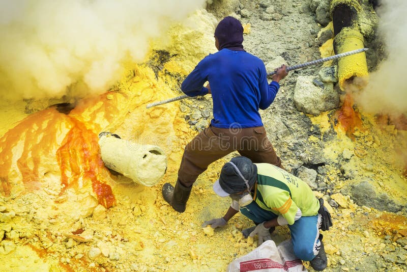 Sulfur Miners at Work, Kawah Ijen Volcano, East Java, Indonesia ...