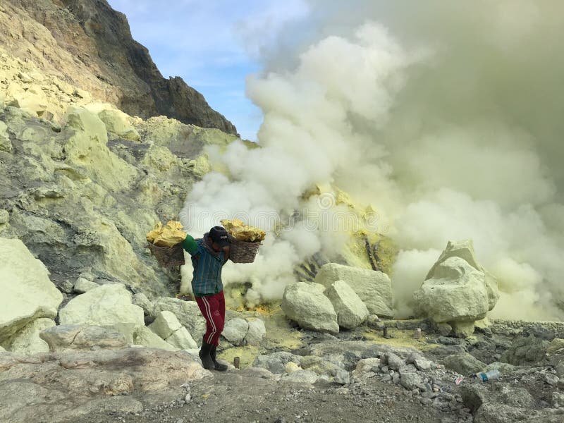 Sulfur Miners at Kawah Ijen Volcano in Java, Indonesia Editorial ...