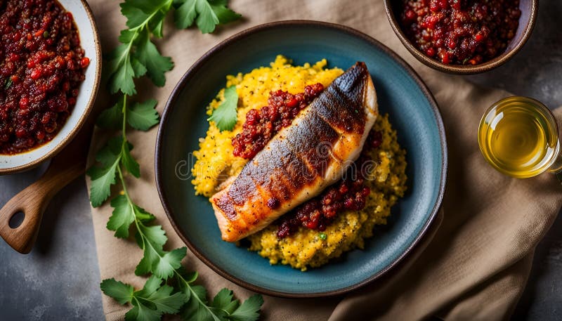 Sumac Baked Fish with Saffron Quinoa Stock Illustration - Illustration ...