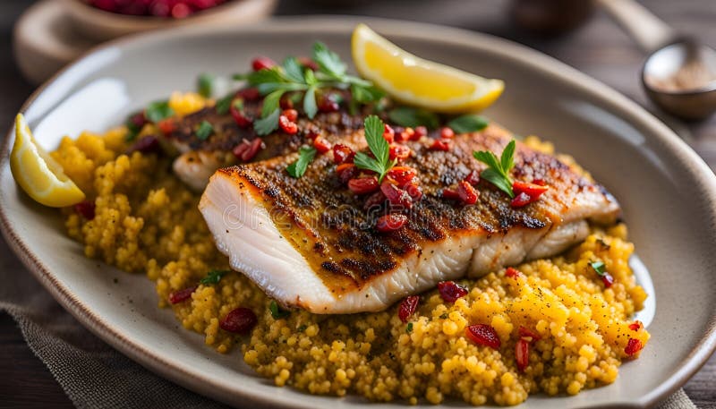 Sumac Baked Fish with Saffron Quinoa Stock Illustration - Illustration ...
