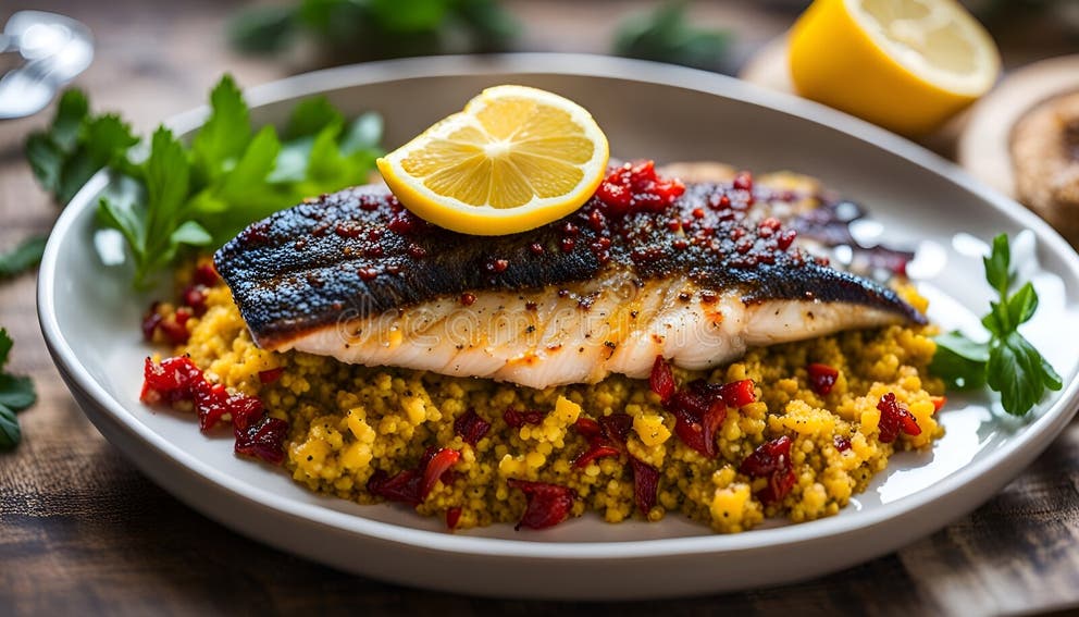 Sumac Baked Fish with Saffron Quinoa Stock Illustration - Illustration ...