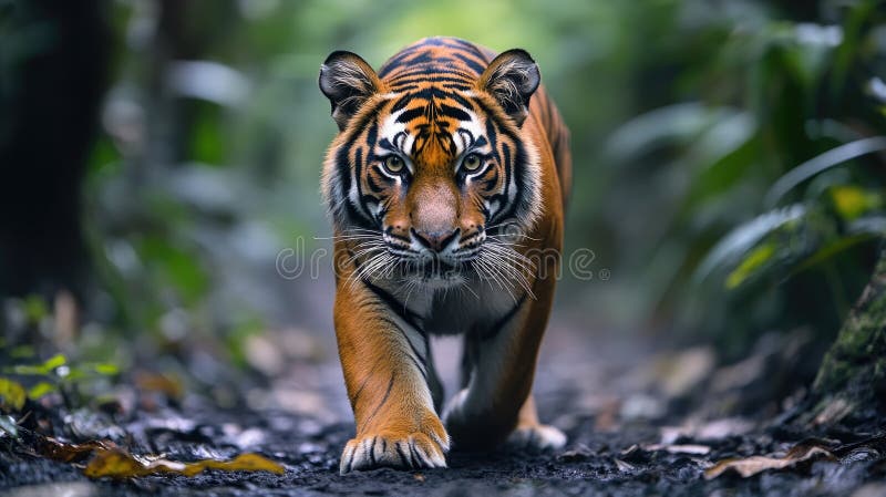 Sumatran Tiger Walking on Jungle Path: Intense Stare Stock Illustration ...