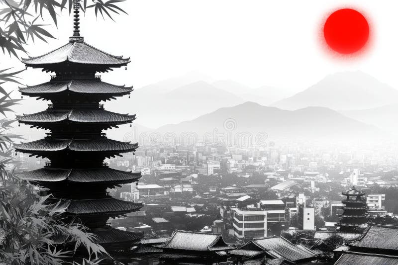 Sumi-e Art from Japan Showcasing Sakura and the Sun Temple Stock Image ...