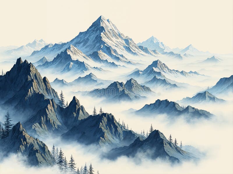 Sumi-e Oriental Mountainscape Illustration Stock Illustration ...