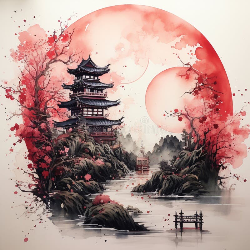 Sumi-e Symphony Hand-Drawn Japanese Magic Stock Illustration ...