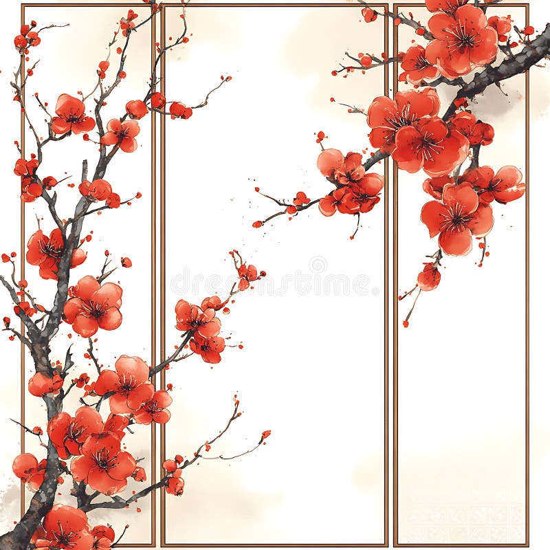 Sumie Style Plum Blossoms with Rectangular Frame, Oriental Spring, Traditional Stock ...