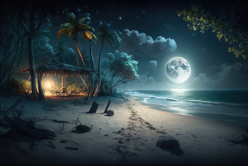 Beautiful Beach Moonlight Romantic Environment Stock Illustration ...