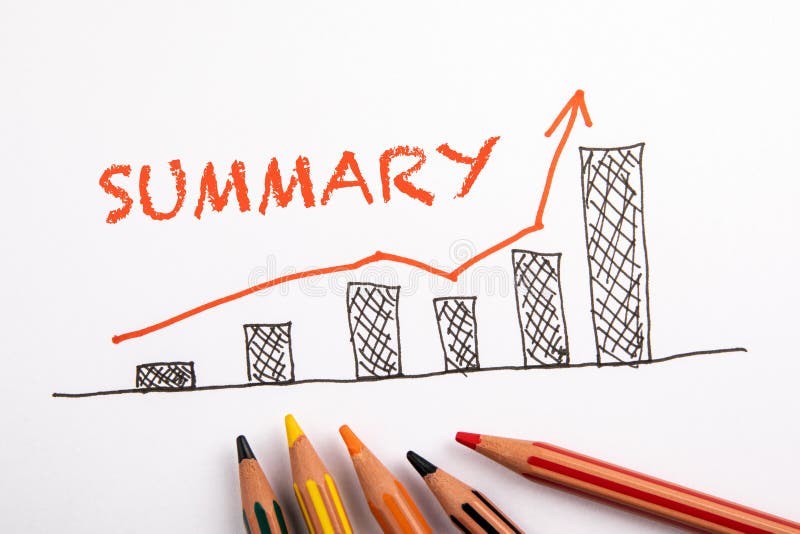 SUMMARY. Business Concept. Statistics Columns and a Red Arrow ...
