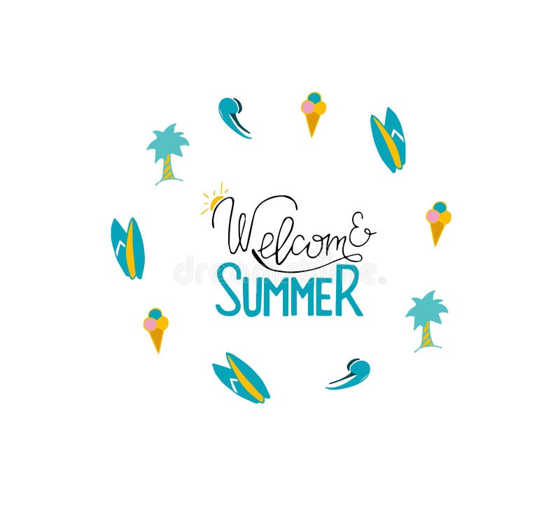 Welcome Summer Inscription on the Background of Palm, Ice Cream, Wave ...