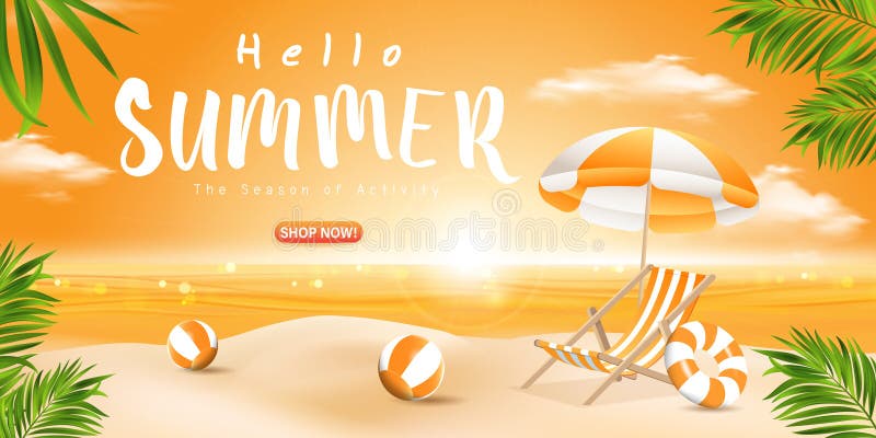 The 3d Vector of Hello Summer in the Orange Sunset Theme with the Beach ...