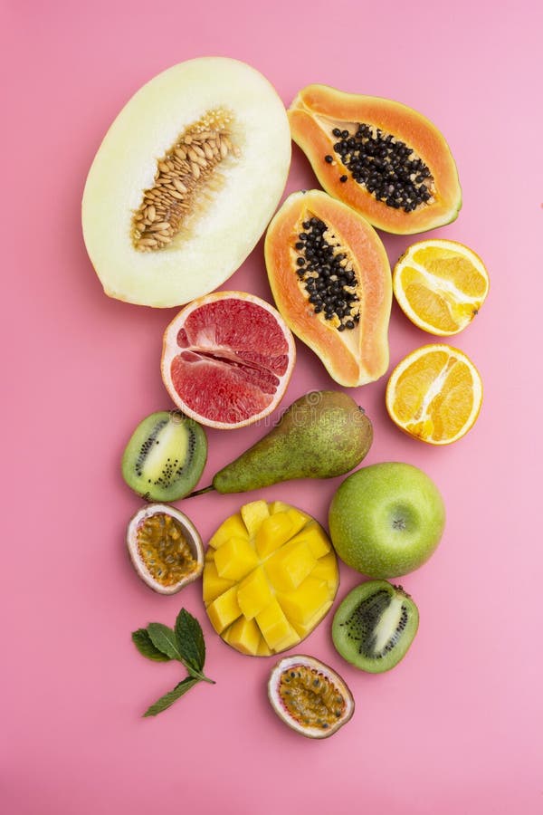 Summer Abstract Background with Mix of Various Exotic Fruits. Pink ...