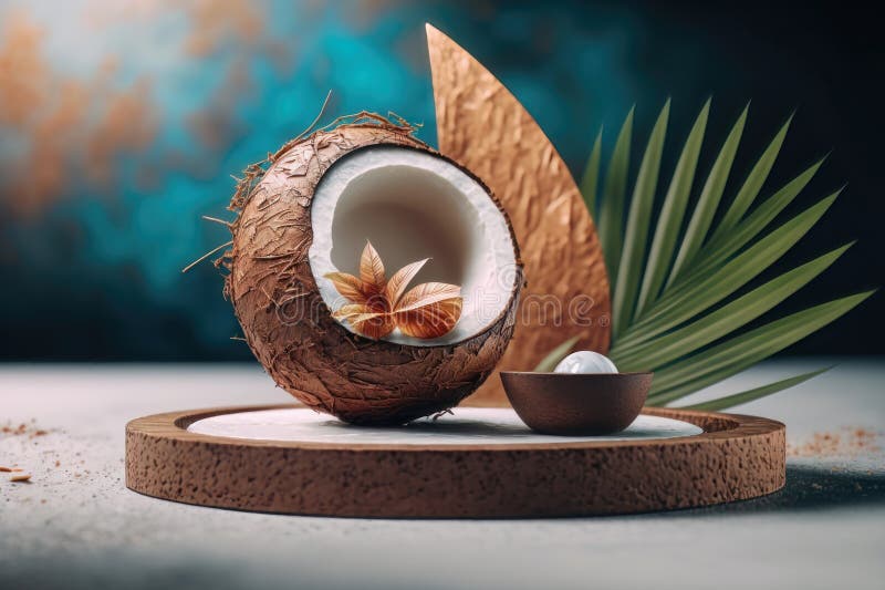 Summer Abstract Creative Composition with Coconut a on Wooden Tray. AI ...