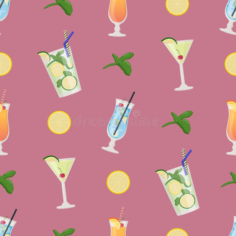 Summer Alcoholic Drinks Seamless Pattern, Tropical Cocktails. Flat ...