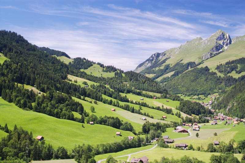 Summer Alpine Mountain Panorama Stock Image - Image of farm, atmosphere ...