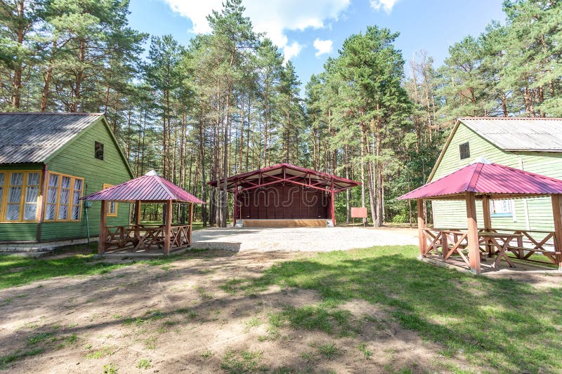 Summer Amphitheater in the Pinery Forest with Colored Benches Stock ...