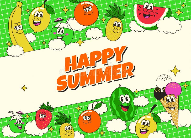 Summer Background Design with Fresh Fruit Character in Retro Style ...