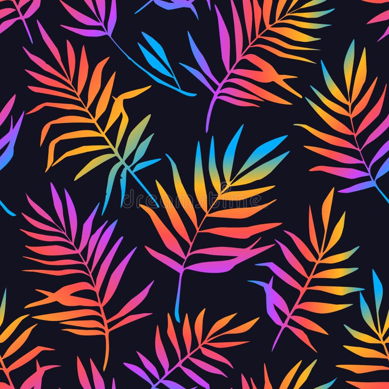 Vector Seamless Pattern with Gradient Rainbow Tropical Leaves on Dark ...