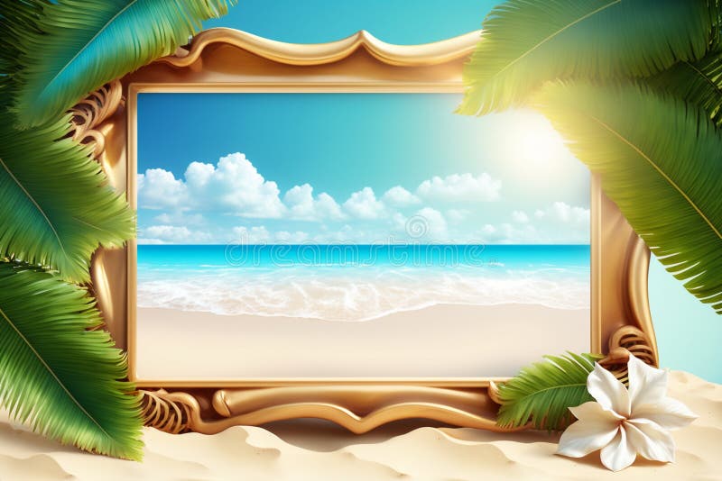 Summer Background with Frame, Nature of Tropical Golden Beach with Rays ...