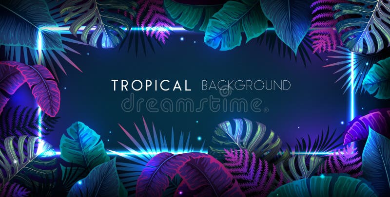 Summer Background with Neon Frame and Fluorescent Tropic Leaves. Nature ...