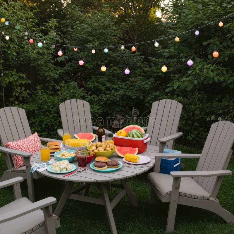 Summer Backyard Gathering with Food and String Lights Stock ...